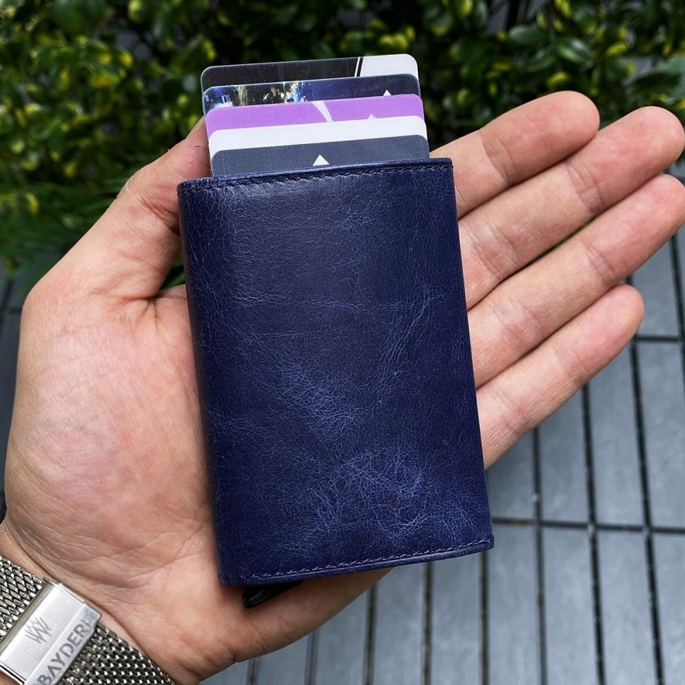 Buy Genuine Leather Crazy Navy Blue Mechanism Card Holder Wallet at ...