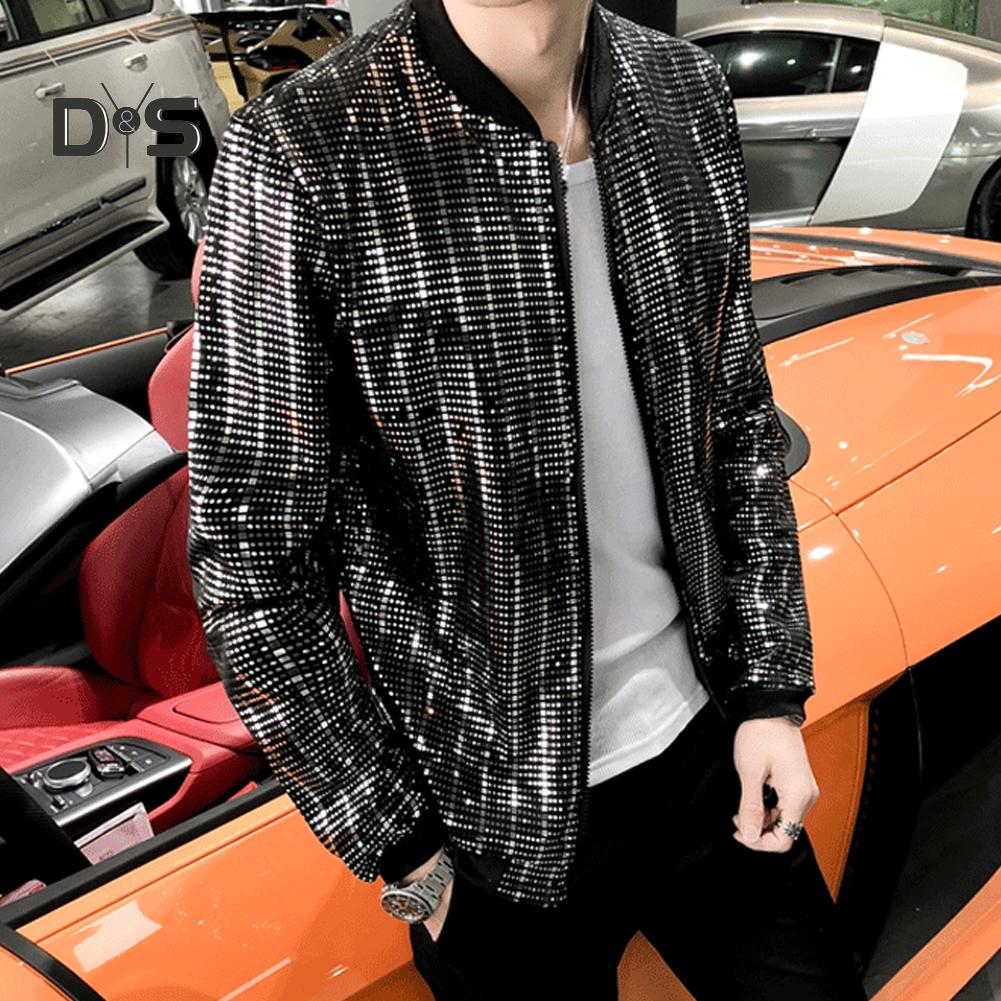 Buy Shiny Sequins Long Sleeve Zip Pocket Nightclub Singer Jacket Slim ...