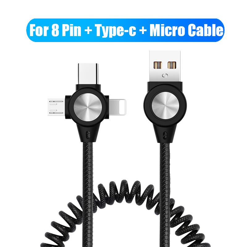 Buy 3 In 1 USB C Micro USB 8 Pin 3A Fast Charging Retractable Spring ...