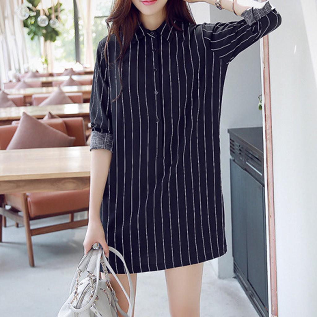 Buy SOC Fashion Women Shirt Dress Long Sleeve Lapel Stripe Dress ...