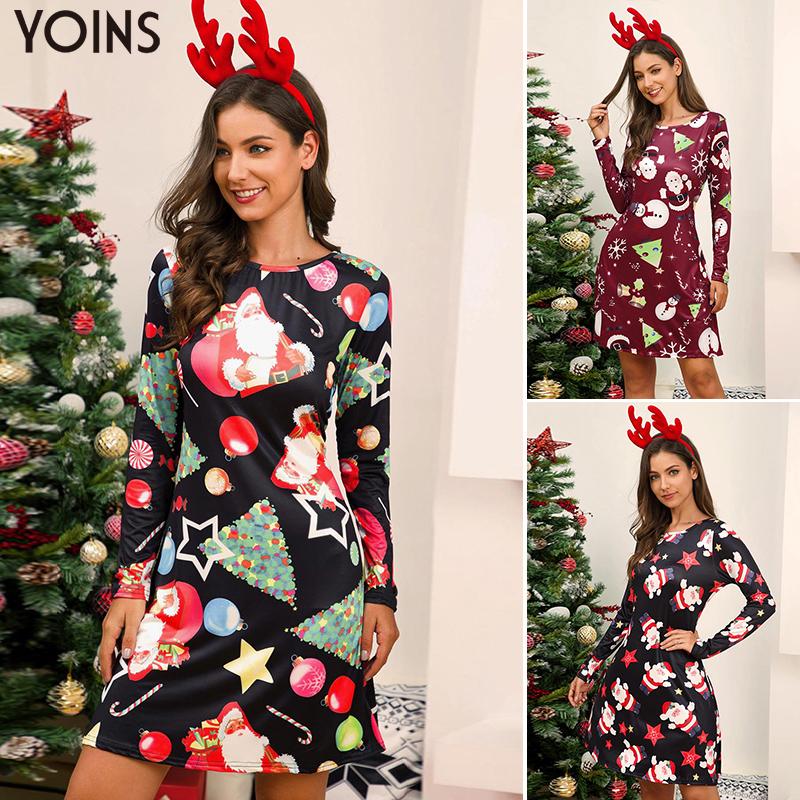 Buy Women Crew Neck Cartoon Graphics Long Sleeve Mini Dress Christmas ...