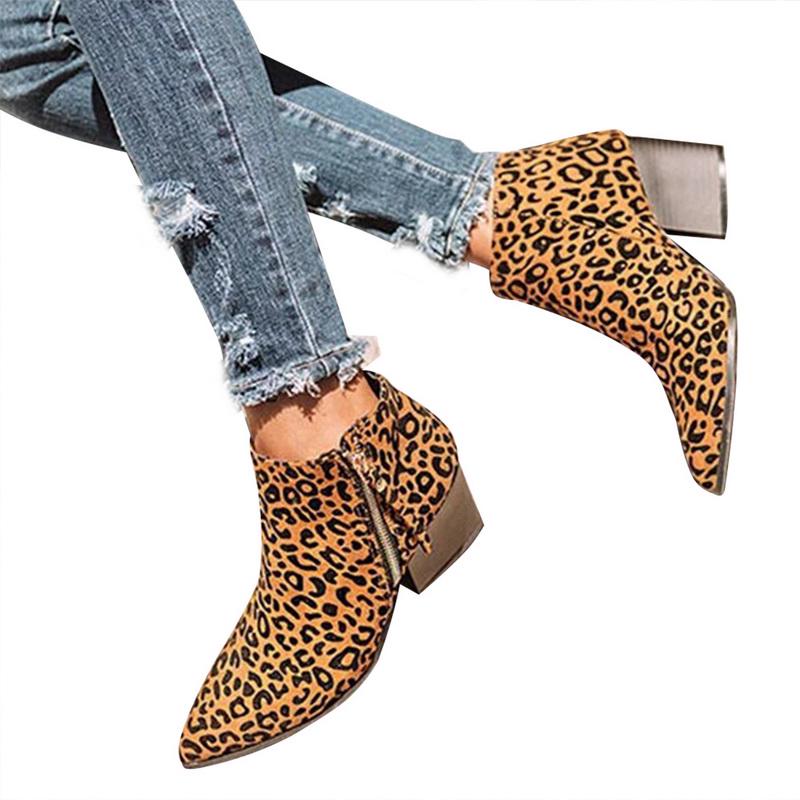 Buy Women's Fashion Leopard Low Heel Boots Zip Booties at affordable ...