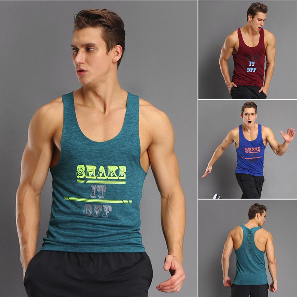 Buy [DJ] Men Fitness Muscle Print Sleeveless Bodybuilding Tight-drying ...