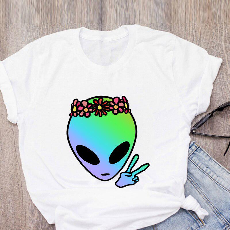 Buy Women Graphic Cartoon Alien UFO Fashion Printed Summer T Shirt ...
