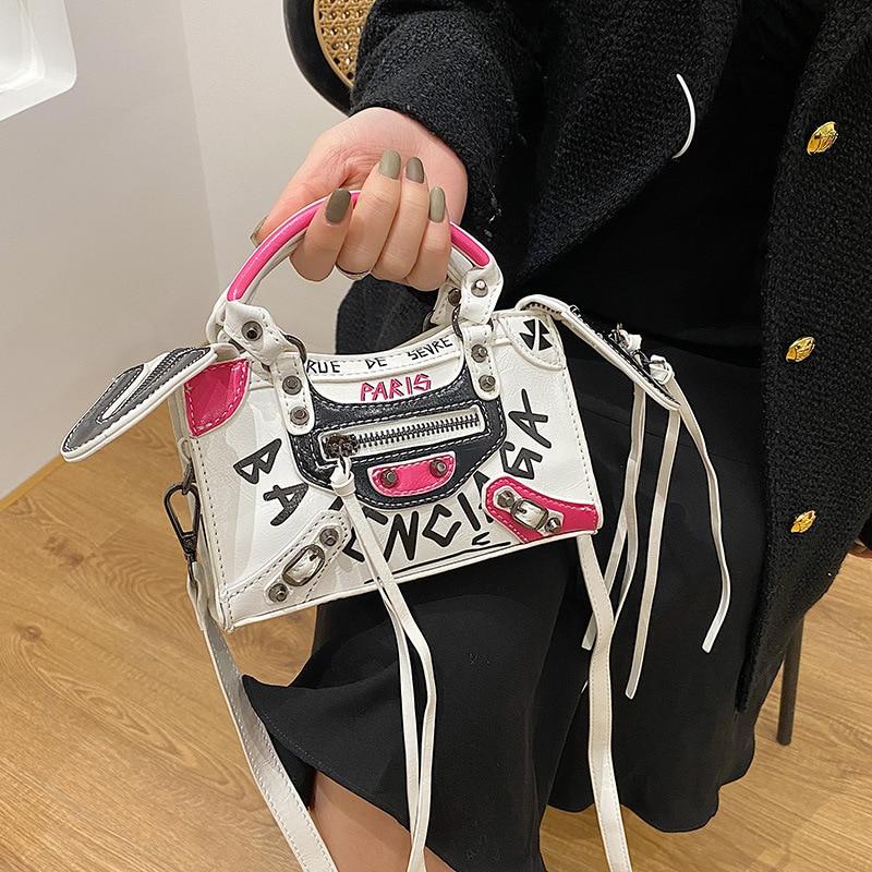 Buy PU Women's Bag Fashion Rivet Graffiti Ins Messenger Small Square ...