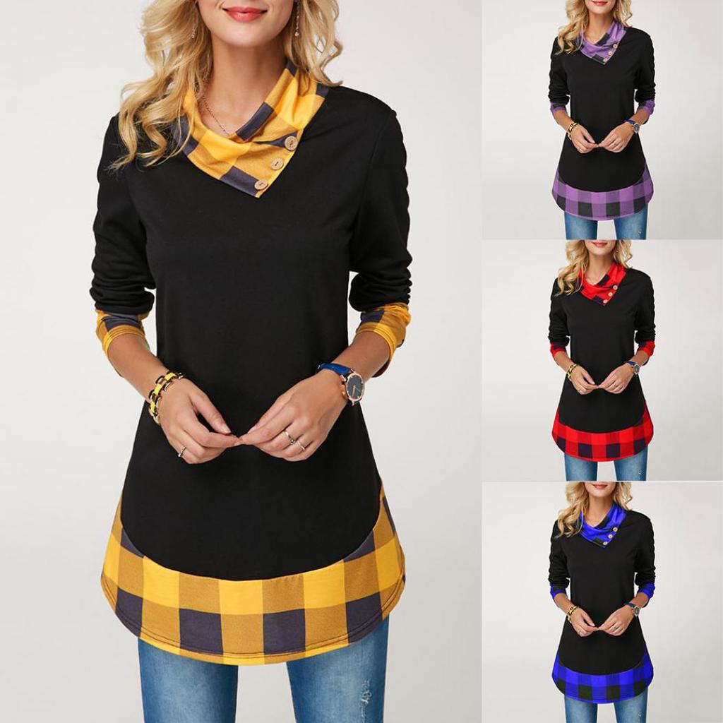 Buy Women's Fall Casual Blouses With Plaid Color-Block Button-Down T ...