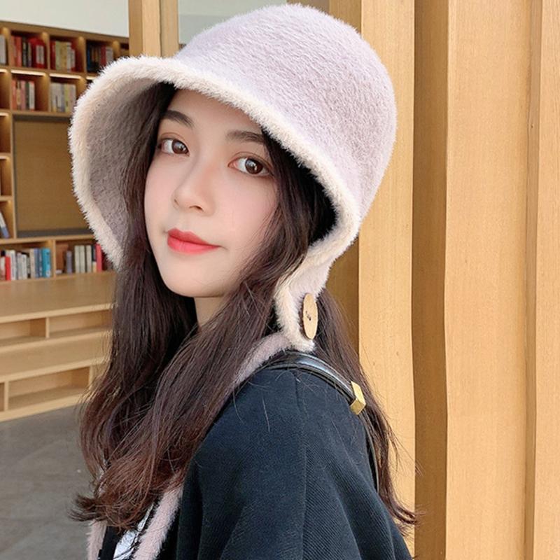 Buy Women Winter Fuzzy Plush Bucket Hat with Chin Strap Solid Color ...