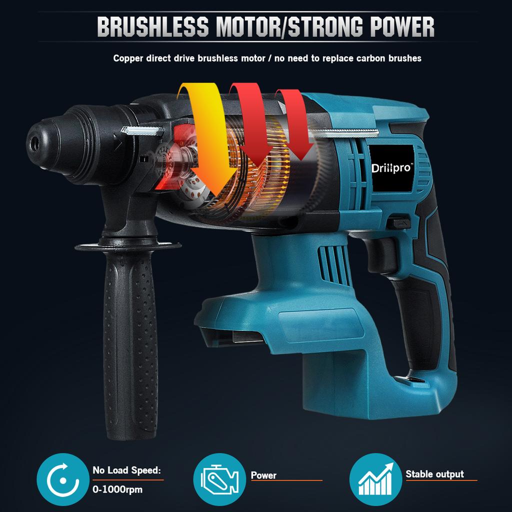 Buy Drillpro 18V 4 Functions Electric Brushless Cordless Rotary Hamer Drill Rechargeable Hamer ...