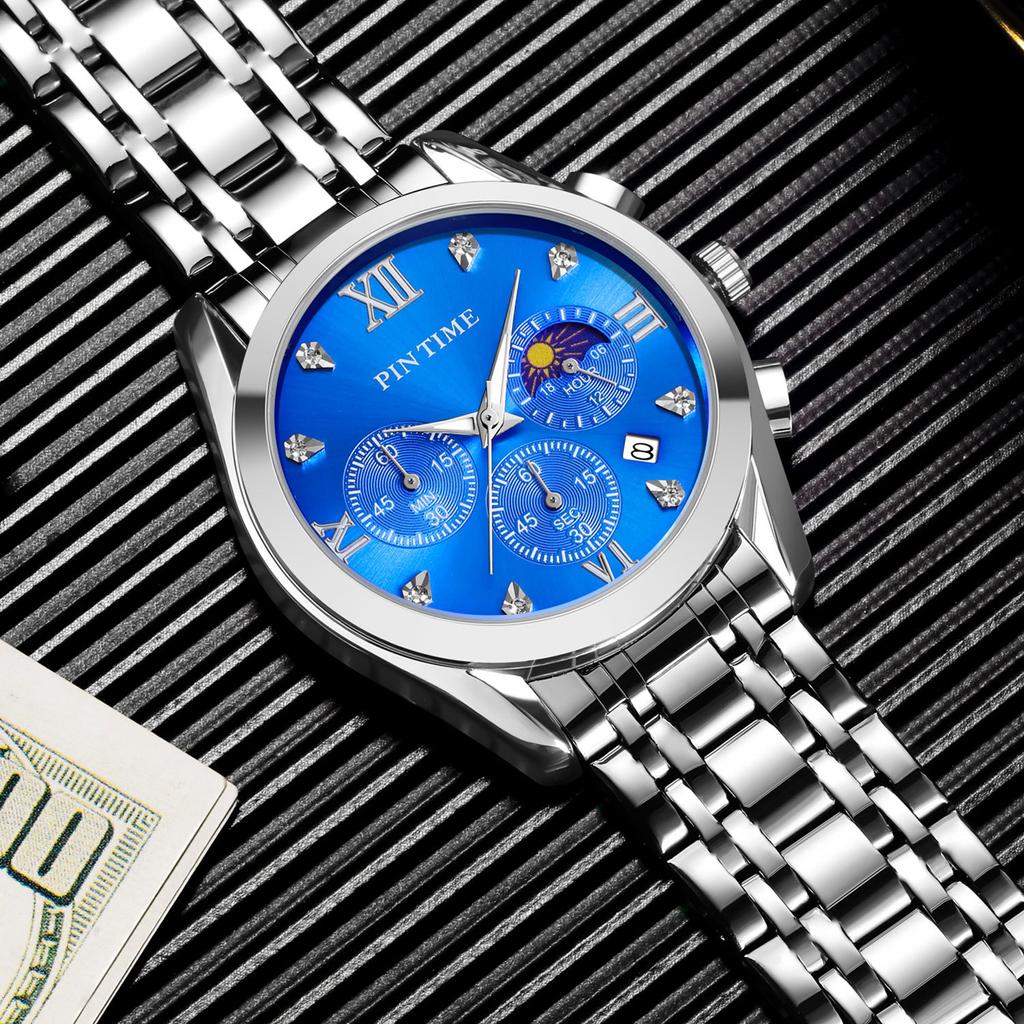 Buy Pintime Men's Fashion Business Waterproof Steel Band Watch Luminous ...