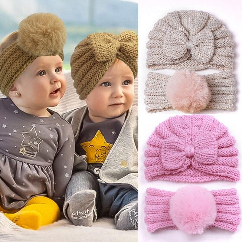 Buy 2PCS Winter Baby Hat Headband Set Pompom Infant Head Band Bow Baby ...