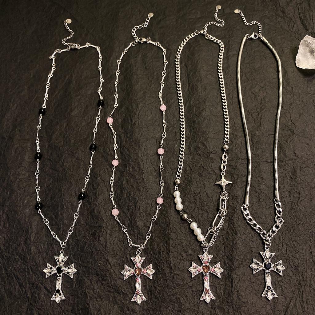 Satın alın Gothic Pink Cross Pendant Jewel Necklace Silver Color Tone ...