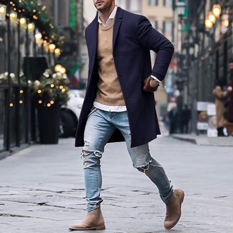 Buy INCERUN Autumn Winter Solid Color Simple Men's Long Section Woolen ...