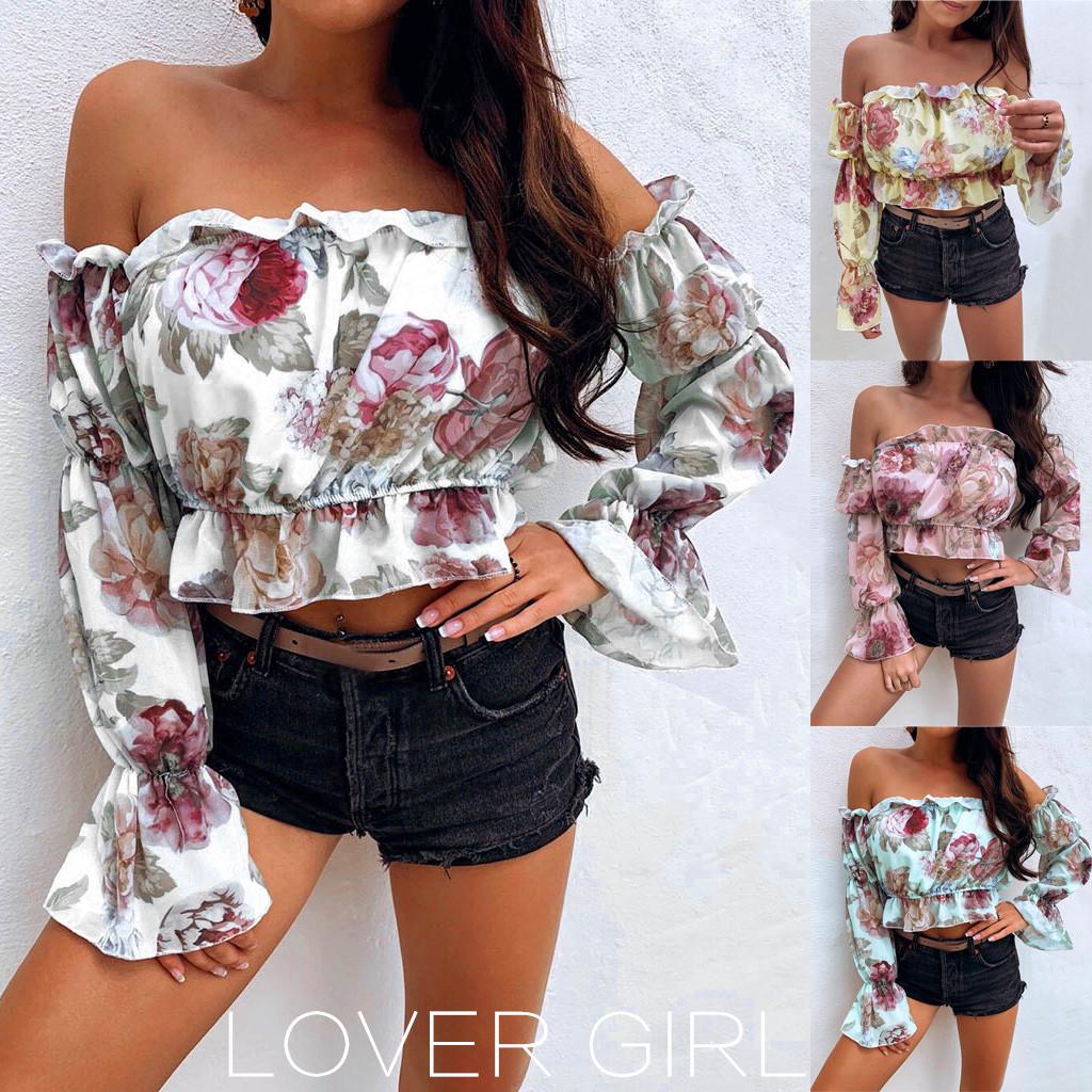 Buy Sexy Women Off Shoulder Floral Printed Long Sleeve Tops Summer T ...