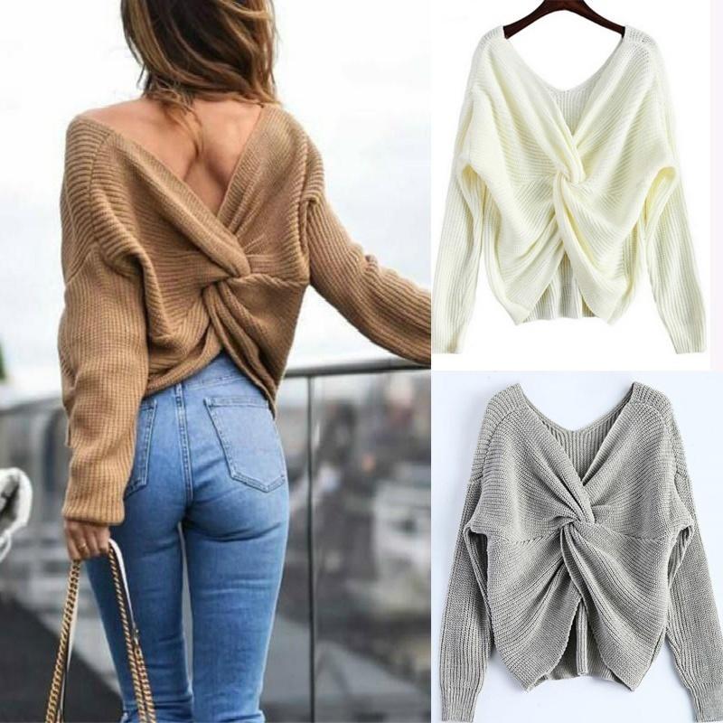 Buy V-neck Twisted Halter Sweater Pullover Long-sleeved Sweater at ...
