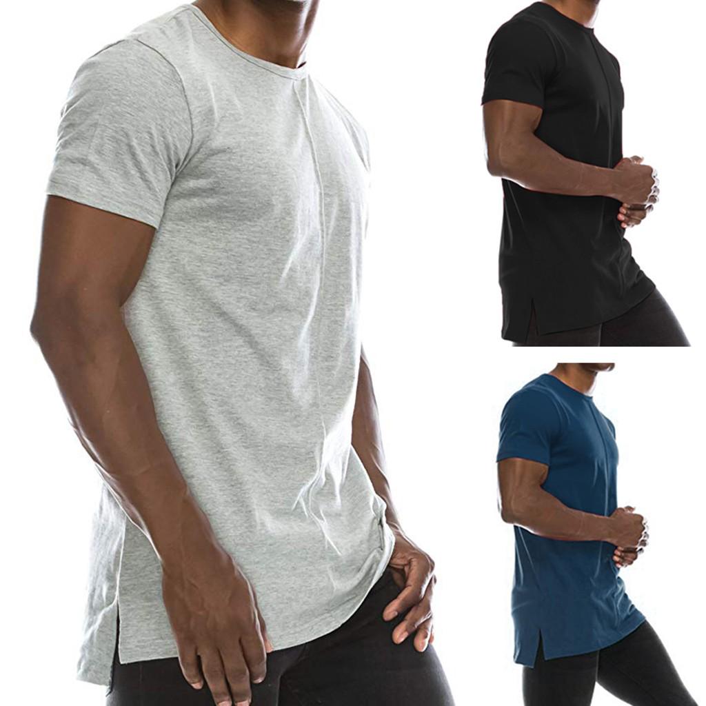 Mens Hipster Hip Hop Solid Extended Hemline Split Side T-Shirt Muscle ...