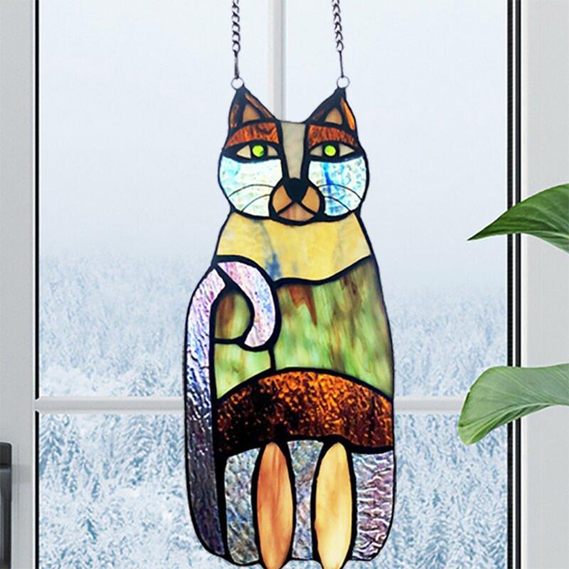 El Boyalı Vitray Duvar Kedi Vitray Pencere Paneli Asılı Güneş ...