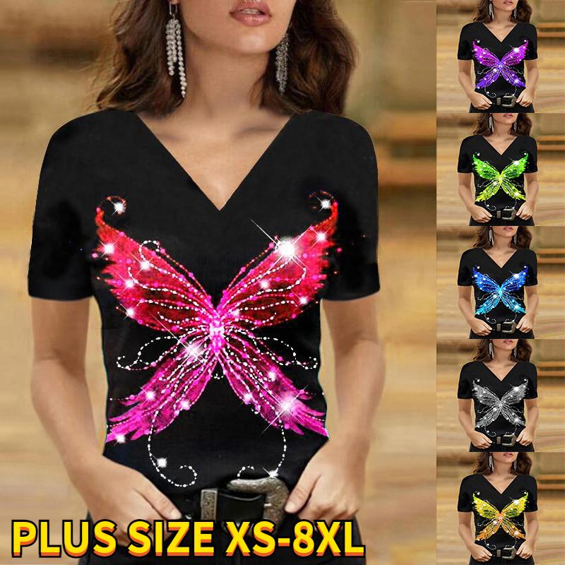 Buy 2022 Summer Women's 3D Butterfly Printed T Shirts V Neck Female Cool Streetwear Casual Tee ...