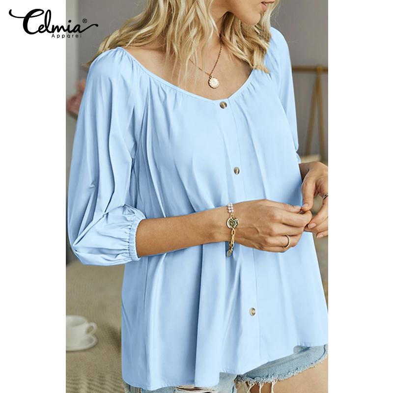 Buy Celmia Spring Womens Fashion Simple Tops 3/4 Sleeve Button Pleated ...