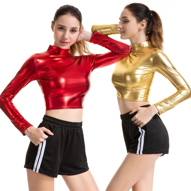 Women Club Performance Slim Tops PU Leather Long Sleeve High Neck Role ...