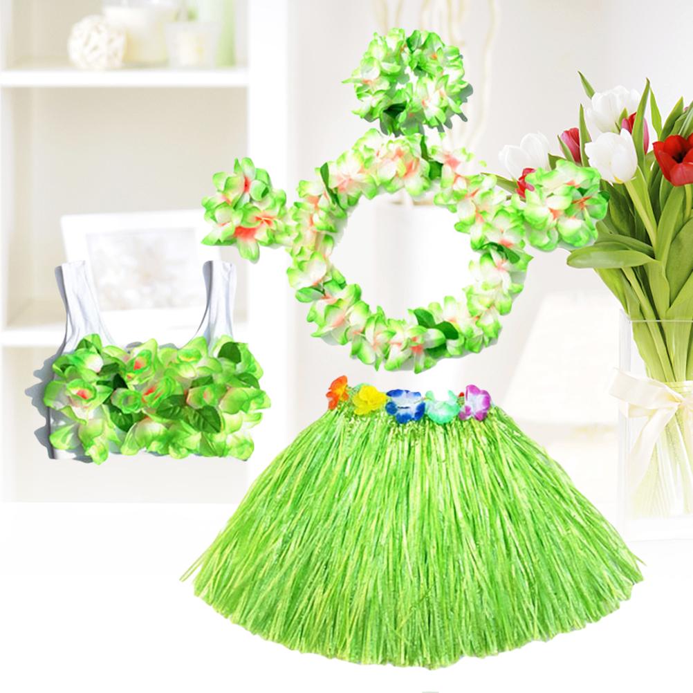 Buy 6Pcs Hawaii Hula Grass Dance Skirt Flower Leis Bracelets Headband ...