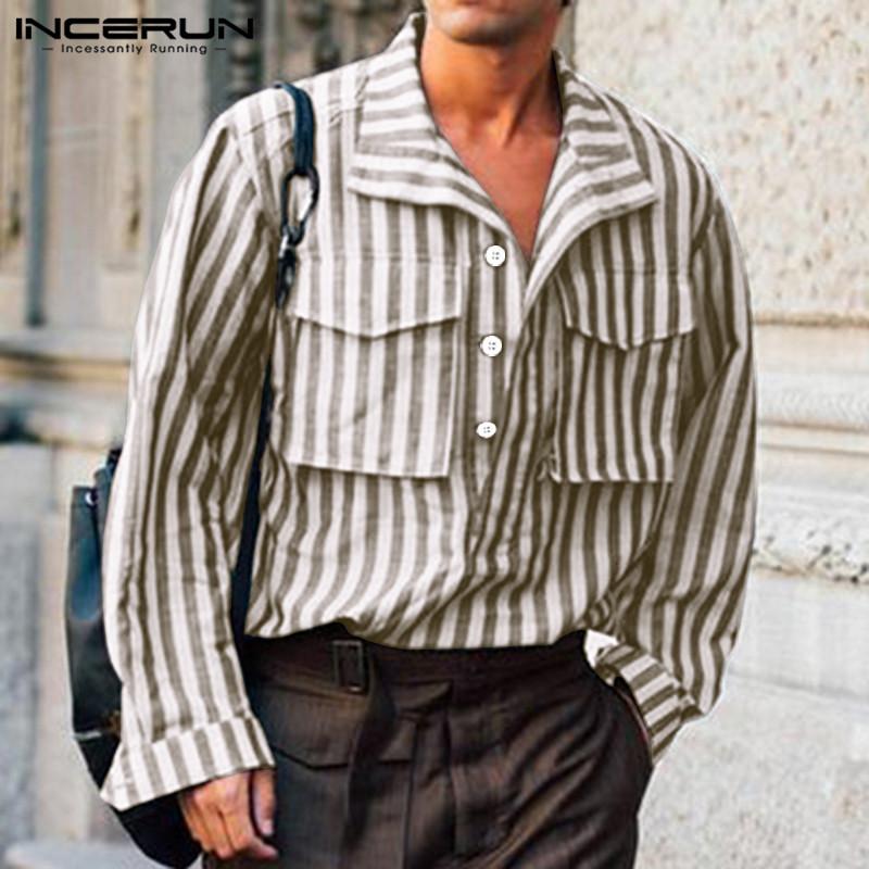 Buy INCERUN Men's Long Sleeve Shirt Button Shirt Front Pockets ...