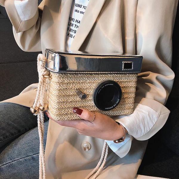 Buy Summer Straw Woven Bag Mini Camera Shape Shoulder Bag Exotic Style ...