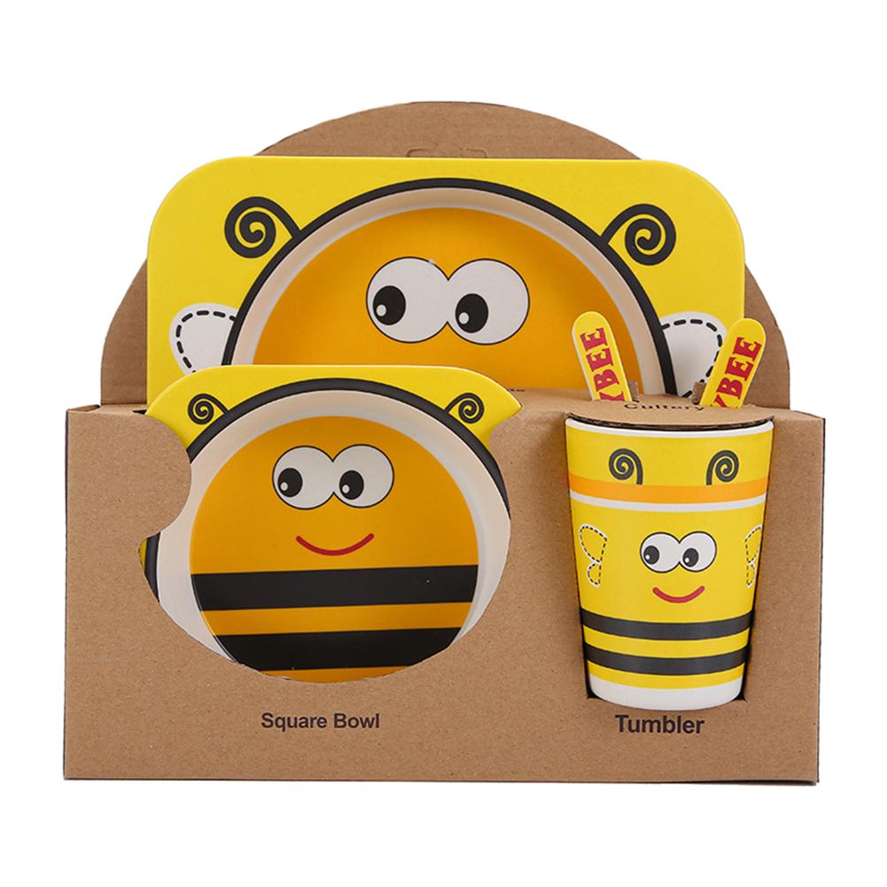 Buy 5Pcs/set Cute Bamboo Fiber Dinner Plate Baby Bowl Cup Spoon Fork ...