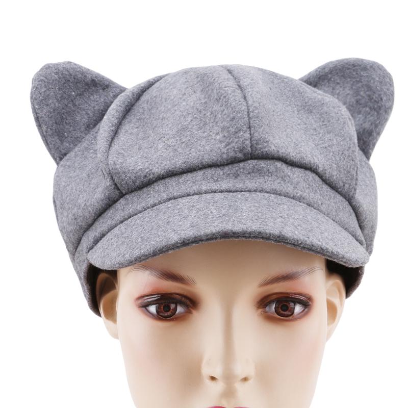 Buy Cat Ear Cap Women Solid Plain Woolen Felt Newsboy Cap Autumn Winter ...
