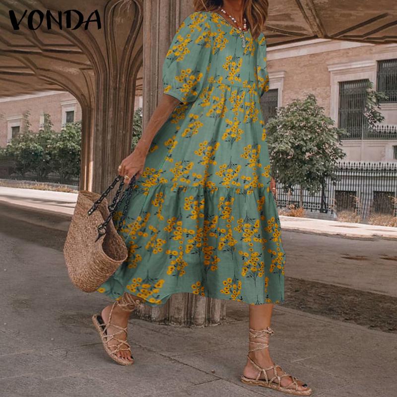 Buy VONDA Summer Women's Fashion Short Sleeve Floral Printed Long ...