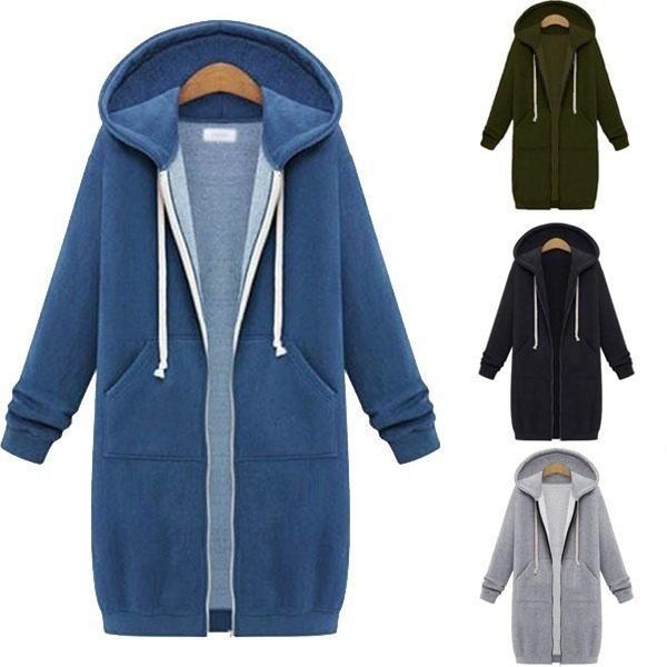 Winter Women Casual Solid Hooded Long Coat Sweatshirts Pockets Zipper Solid Outerwear Jacket-buy ...
