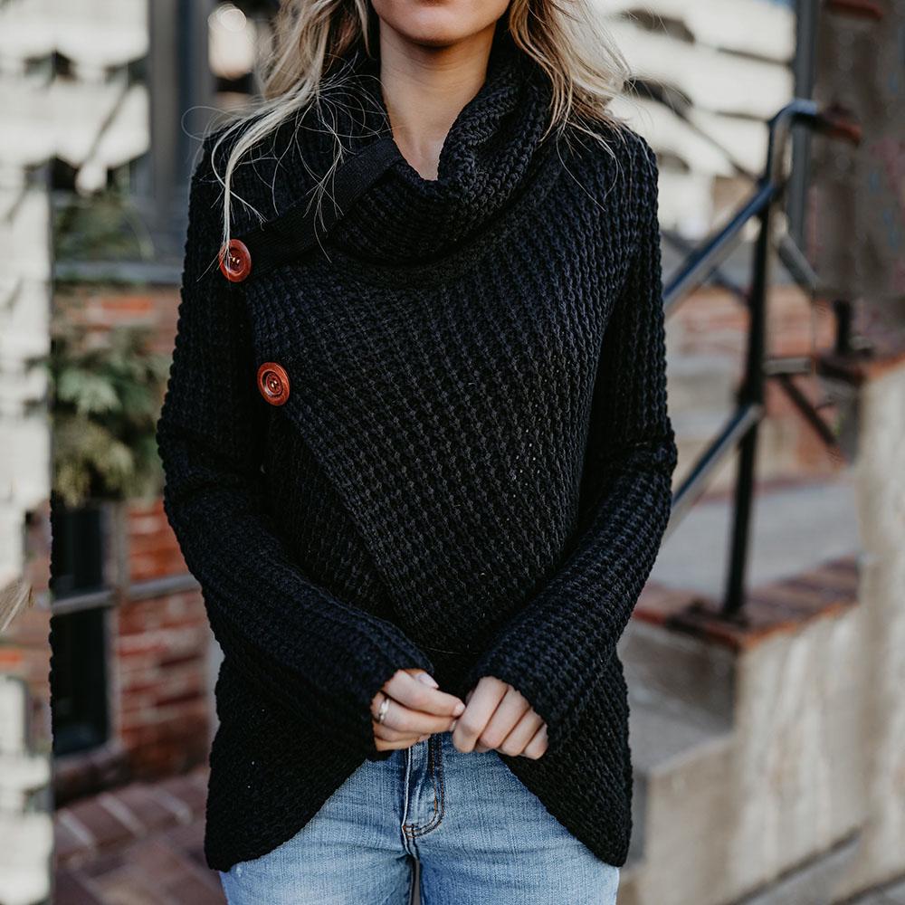 Buy Women Casual Loose Knit Irregular Sweater High Collar Pullover at ...