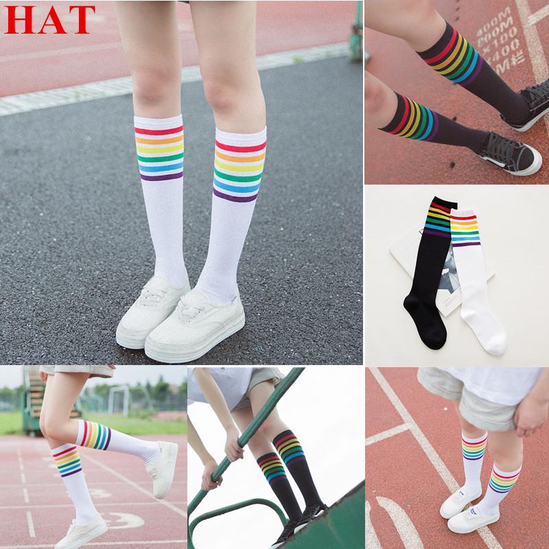 1 Pair Thigh High Socks Over Knee Rainbow Stripe Girls Football Socks ...