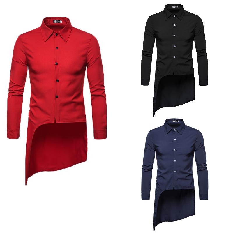 Buy Men's Shirt Casual Swallowtail Irregular Cut Long Sleeve T-Shirt at ...