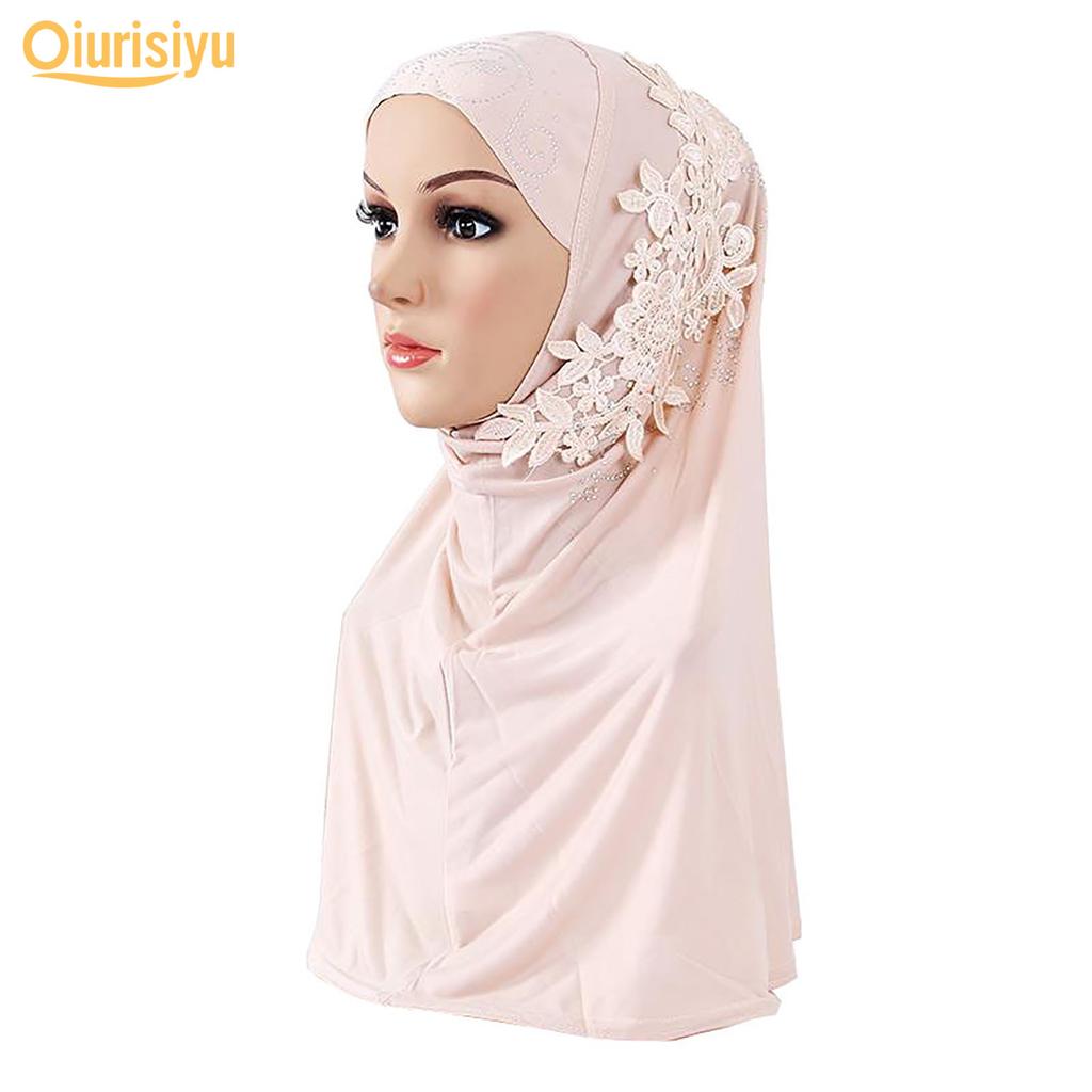 Buy Women Solid Color Lace Rhinestone Muslim Hijab Wrap Islamic Scarf ...