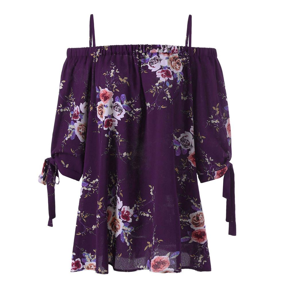 Buy Tops Fashion Women Plus Size Floral Cold Shoulder Blouse Casual ...