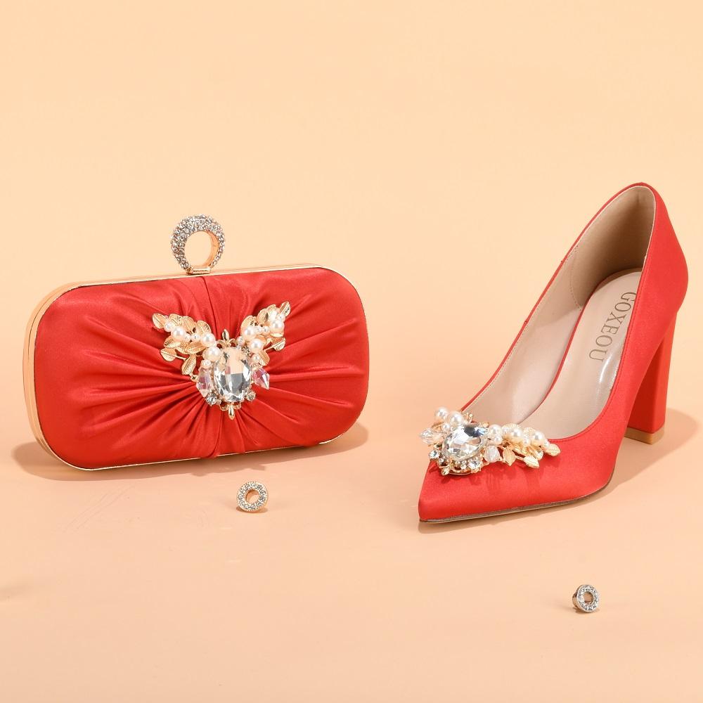 Buy Women 'S Pumps Bag Suit Pearl Satin Red Crystal Floral Pointed Toe ...