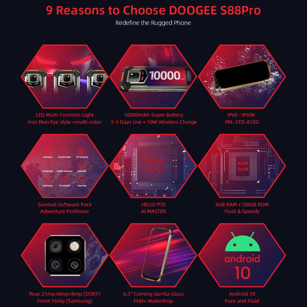 Buy DOOGEE IP68/IP69K S88 Pro Rugged Phone 10000mAh Battery LED Light ...