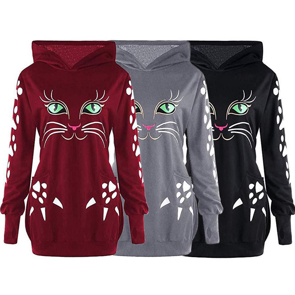 Women Hooded Casual Cat Style Long Sleeve Pullover with Ears Plus Size ...