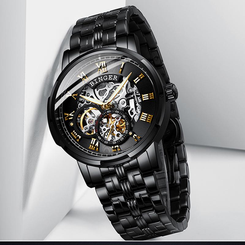 Binger Classic Sport Mechanical Watches Waterproof Black Leather Men's ...