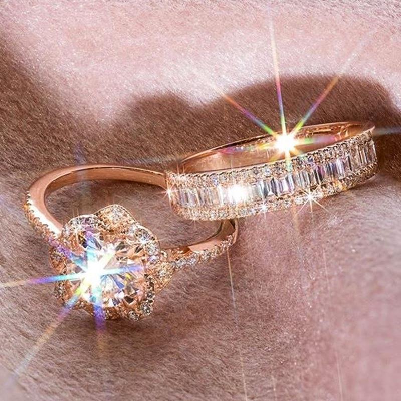 Buy 2Pcs Sparkling Exquisite Rings Fine Jewelry 18K Rose Gold Women ...