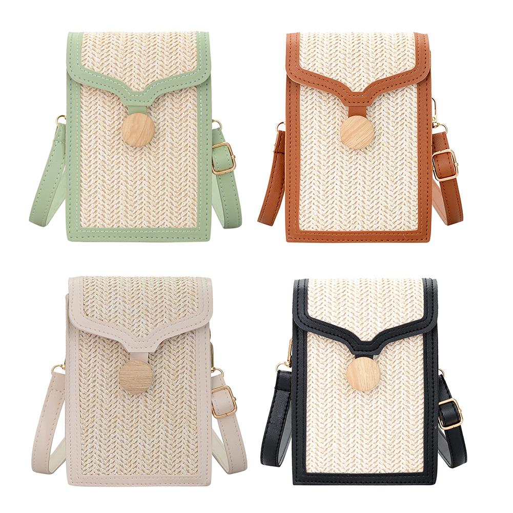 Buy Straw Woven Phone Bag Women Weave PU Travel Shoulder Handbag Small ...