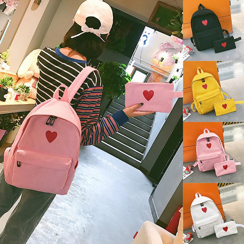 New Style Canvas Love Heart Printed Backpack with Small Cloth Bag ...