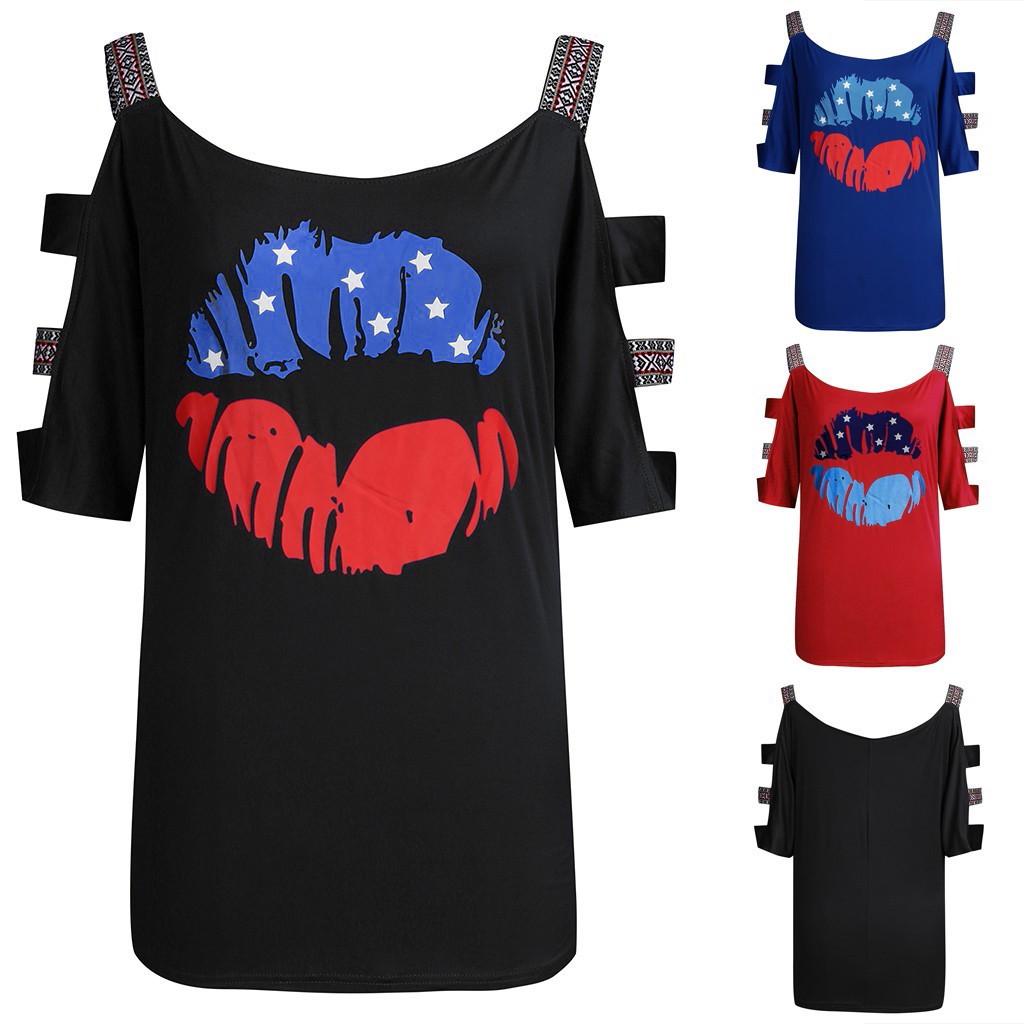 Women Plus Size Casual Flag Print Off Shoulder Slings Sleeve Top T ...