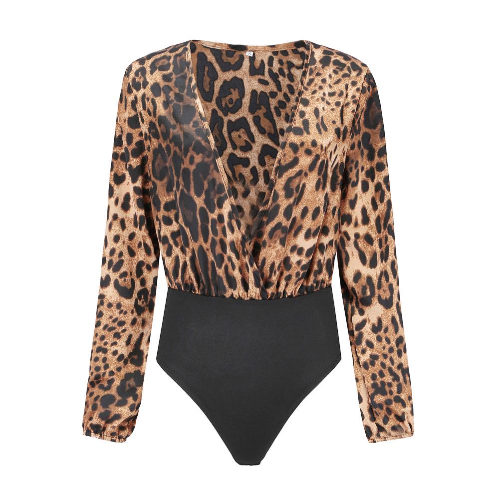 Buy Women Sexy Leopard Printed V-Neck Long Sleeve Bodysuit Ladies ...