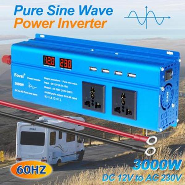 Buy Pure Sine Wave DC 12V/24V TO AC 220V/230V 3000W With 3.1A USB Dual LCD Display EU Socket ...