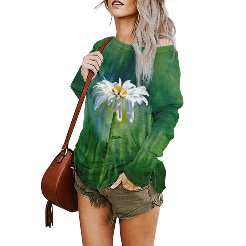 Satın alın Women 3D Floral Print Long Sleeve Round Neck Sexy Strapless T-Shirt Pullover Top Plus ...