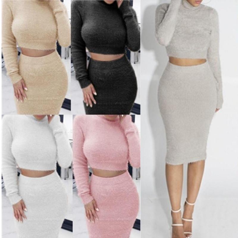 Women 2pcs Set Winter Knitted Sweater Bodycon Package Hip Skirts High ...