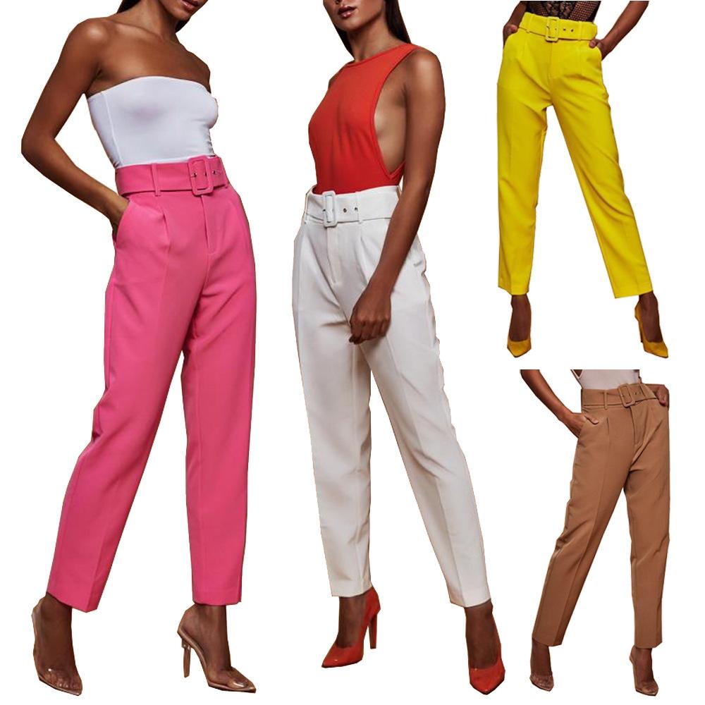 Buy New Ladies Casual Pants High Waist Solid Color Nine Pants Straight ...