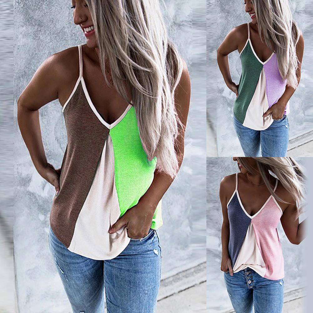 Women Summer Color Block Spaghetti Strap Camisole Sleeveless Blouse Top ...