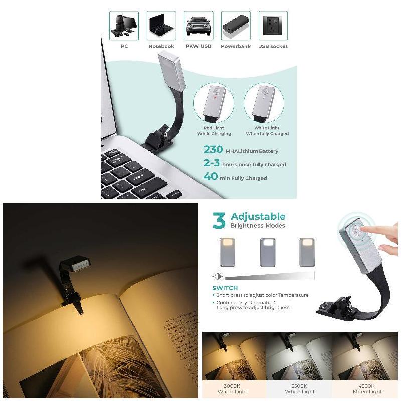 Buy Reading Adjustable Rechargeable Light Book Clip-on USB for Lamp ...